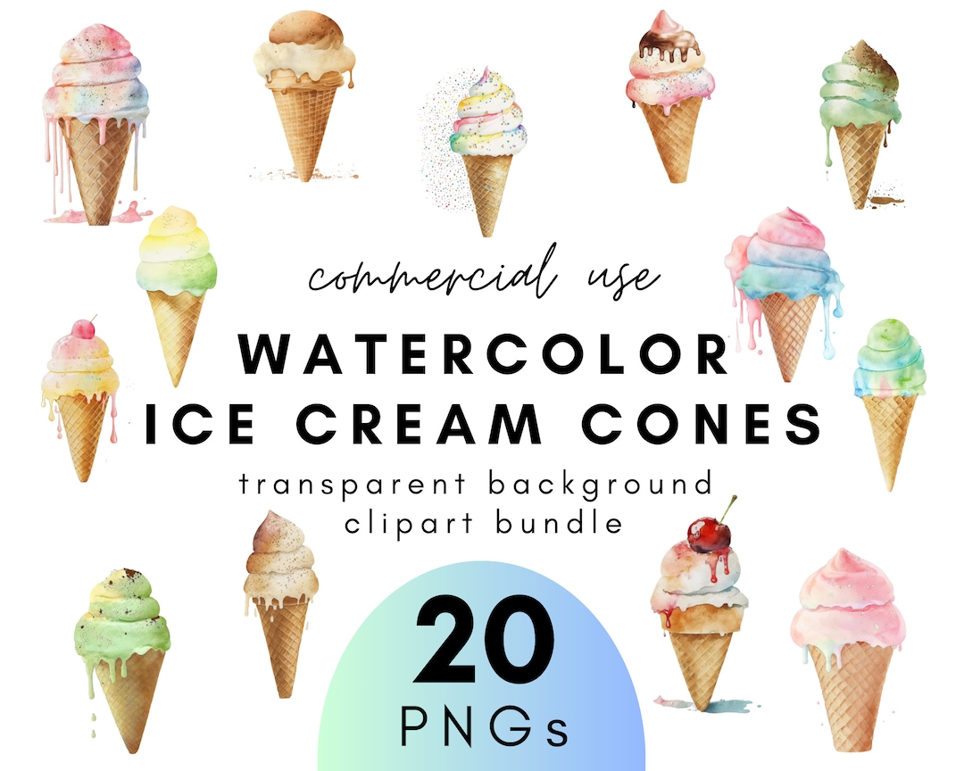 Watercolor Ice Cream Cone Clipart- 20 Transparent Background PNG ...