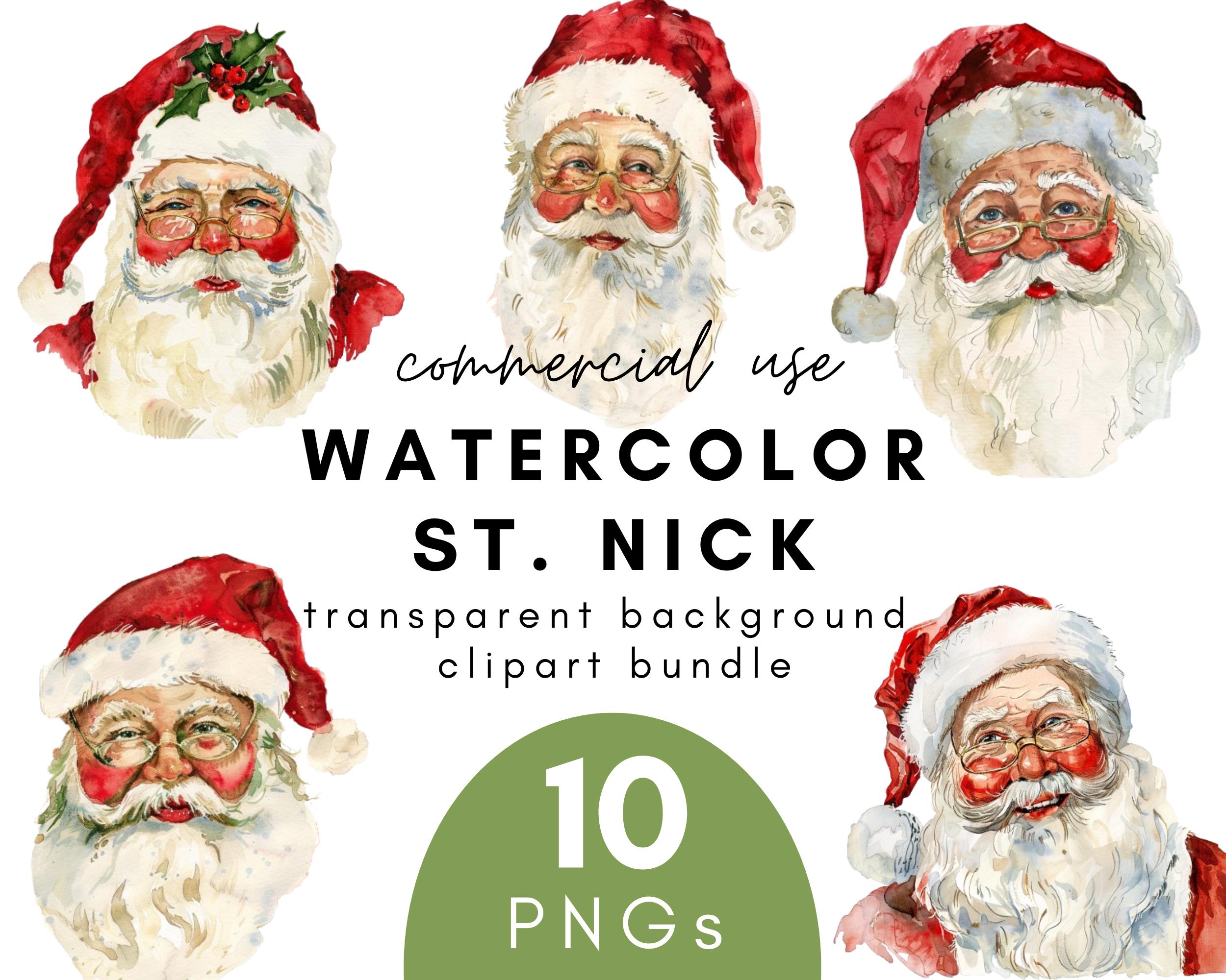 Vintage Watercolor Santa Claus Clipart- 10 Transparent Background PNG ...