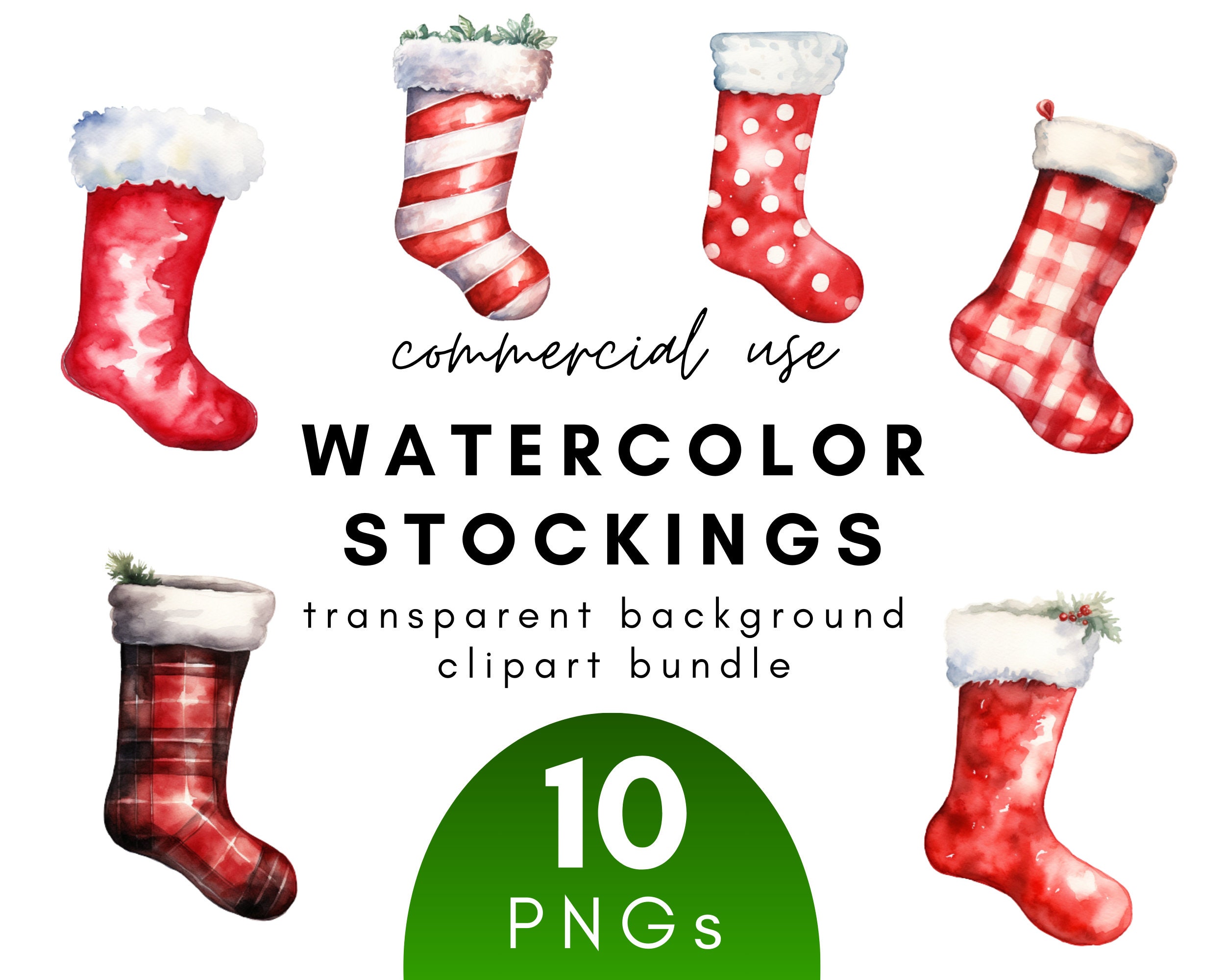 Watercolor Christmas Stocking Clipart- 10 Transparent Background PNG ...