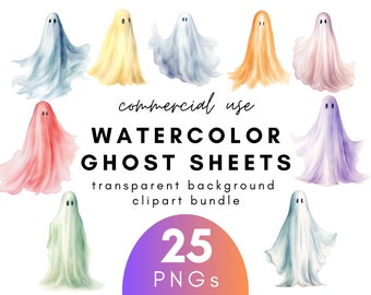 Cute Ghost Clipart, Tiny Ghosts Shadow Spooky Season, Scary Watercolor ...