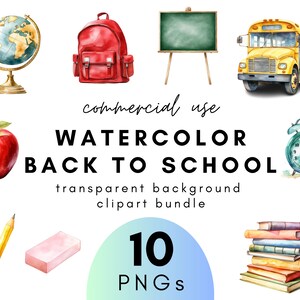 Watercolor Back to School Clipart- 10 Transparent Background PNG ...