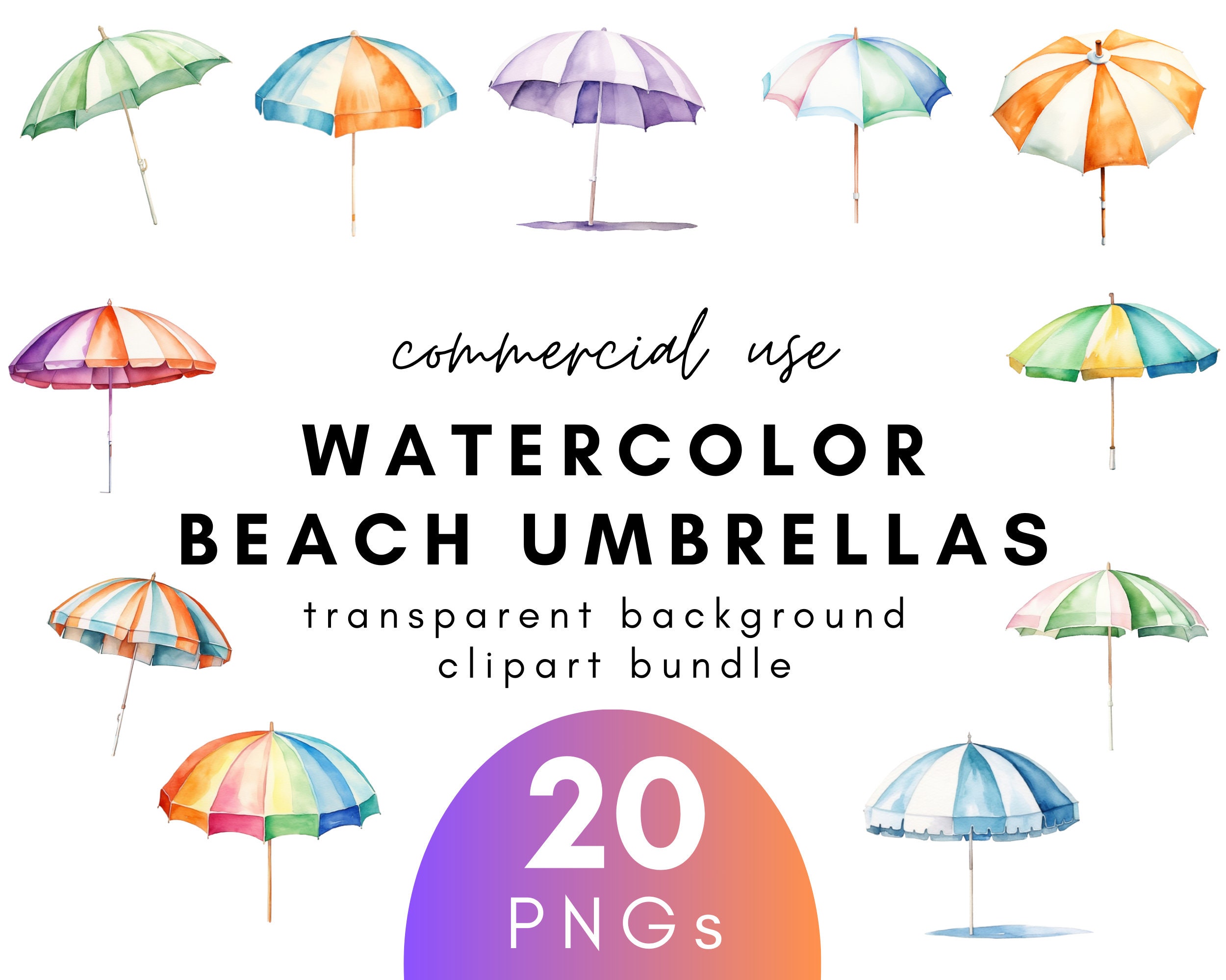 Colorful Watercolor Beach Umbrella Clipart- 20 Transparent Background ...