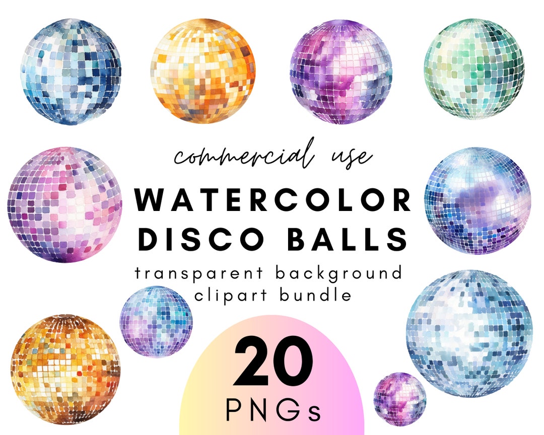 Watercolor Disco Ball Clipart- 20 Transparent Background PNG Commercial ...