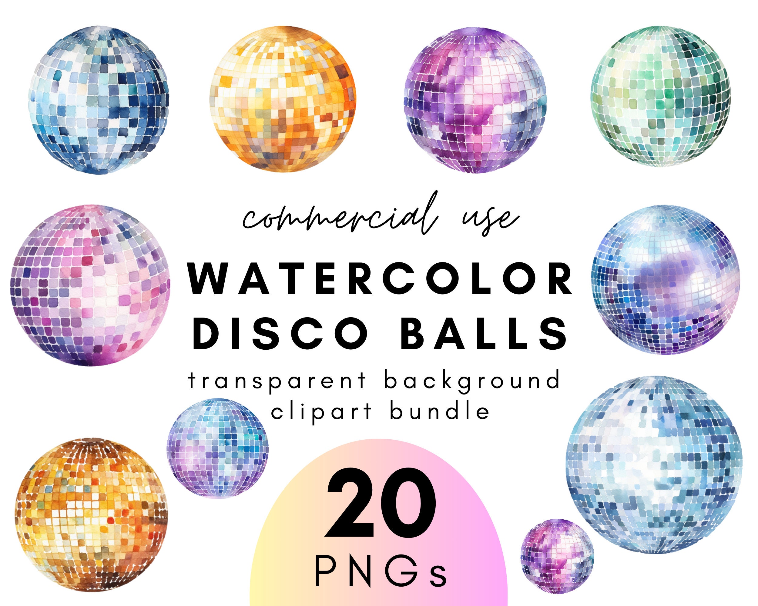 Watercolor Disco Ball Clipart- 20 Transparent Background PNG Commercial ...