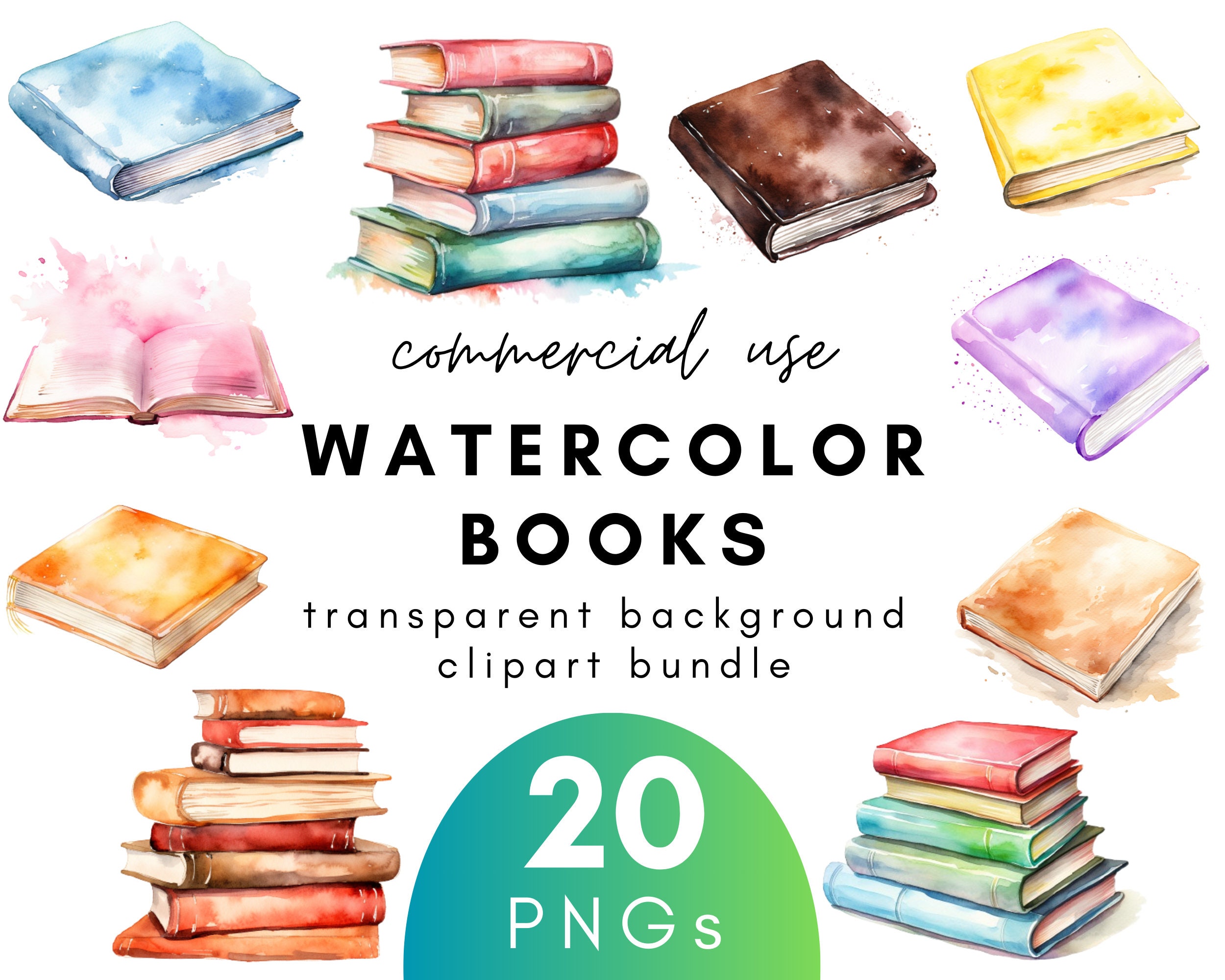 Watercolor Book Clipart- 20 Transparent Background PNG Commercial Use ...