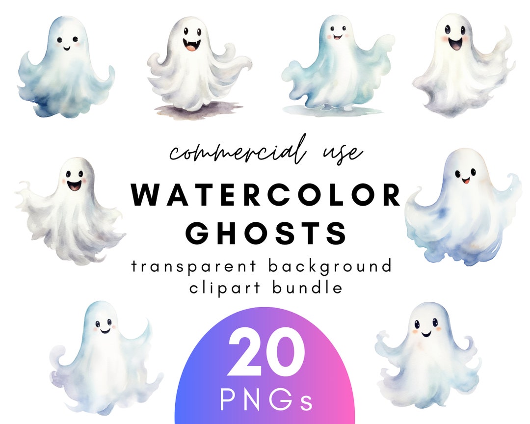 Cute Watercolor Ghost Clipart- 20 Transparent Background PNG Commercial ...