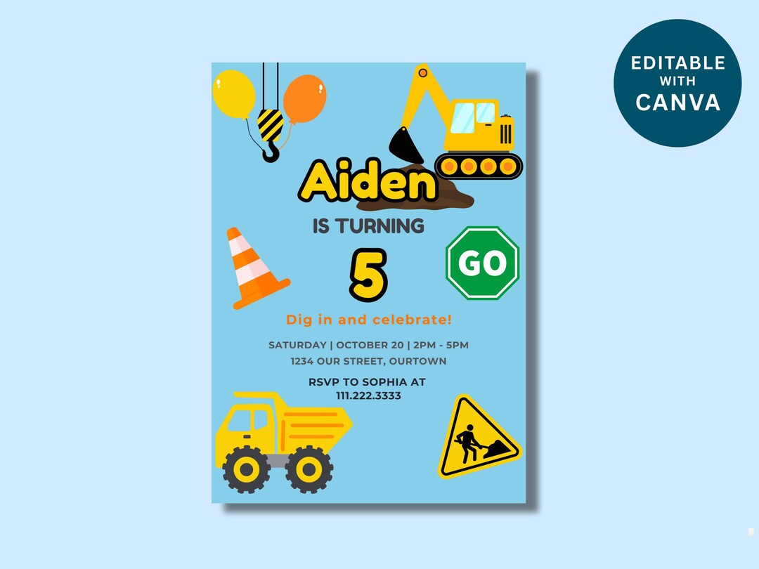 Editable Digger Birthday Invitation, Construction Party Template ...