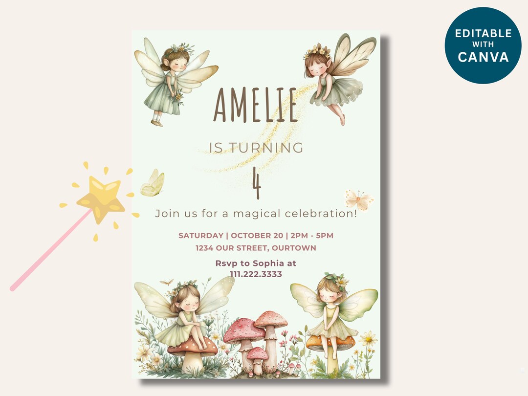 Editable Fairy Party Invite Canva Template, Instant Download Printable ...