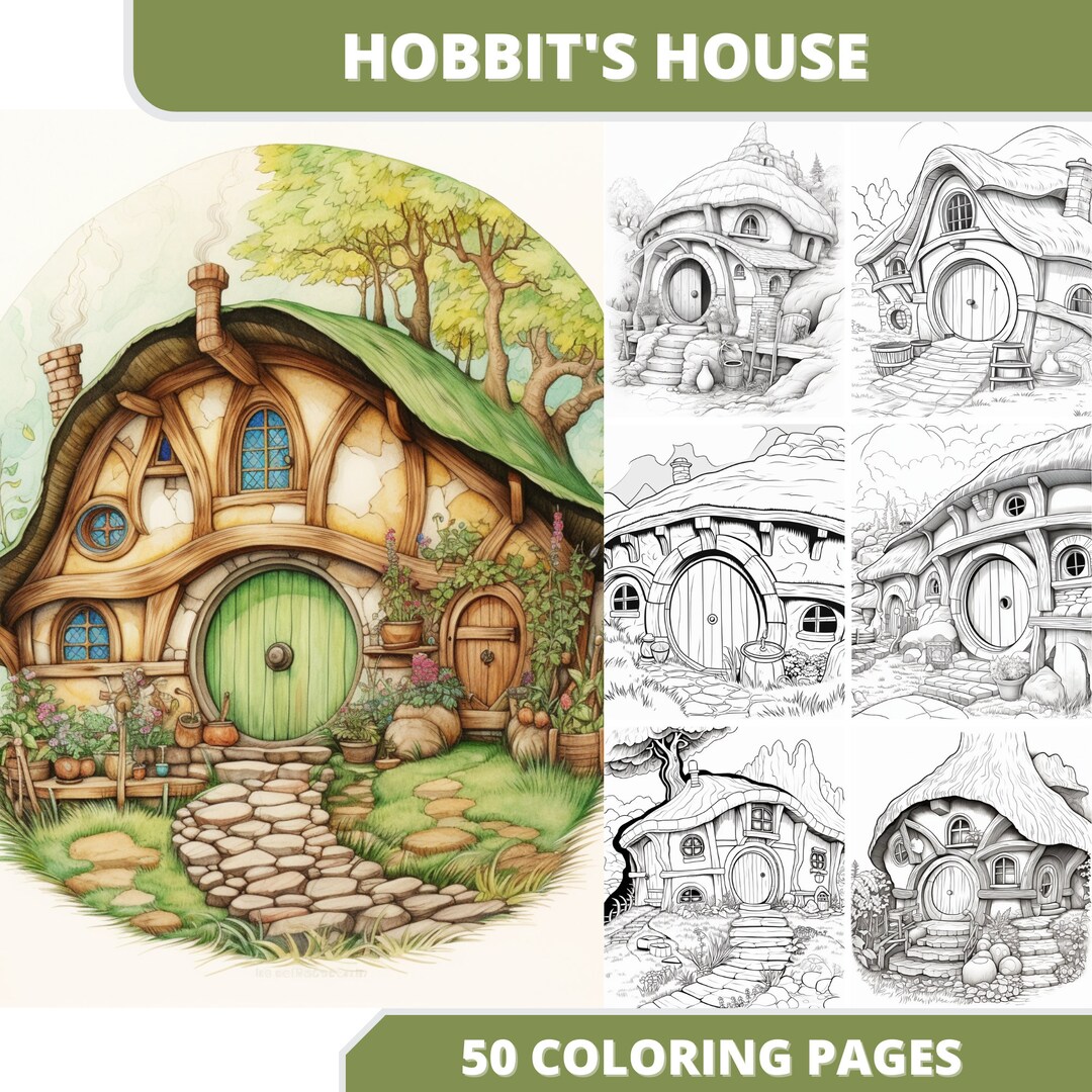 50 Hobbit House Coloring Book, Printable PDF, Hobbit Home Grayscale ...