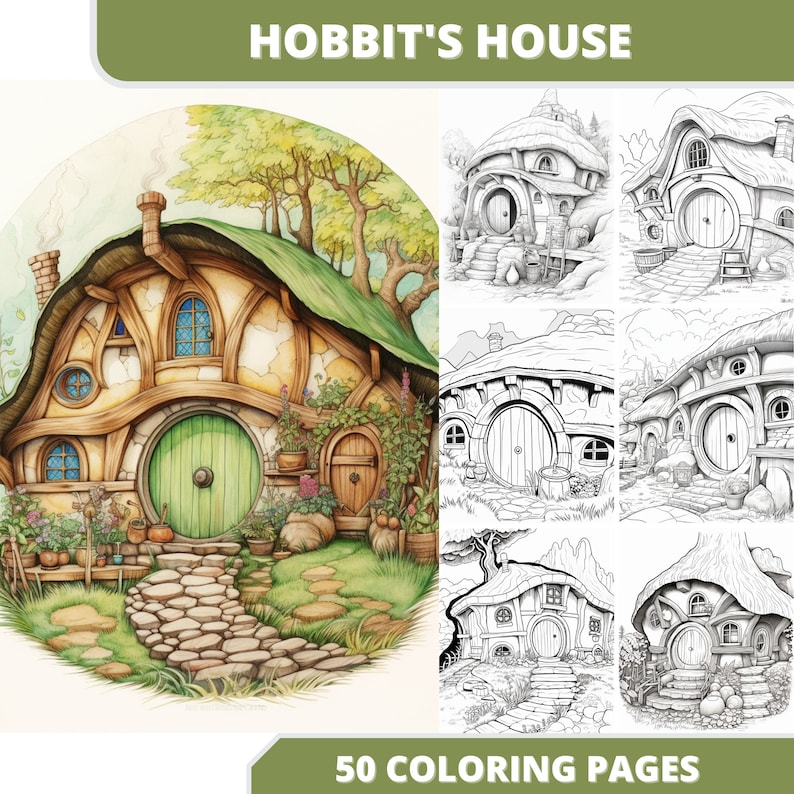 50 Hobbit House Coloring Book, Printable PDF, Hobbit Home Grayscale ...