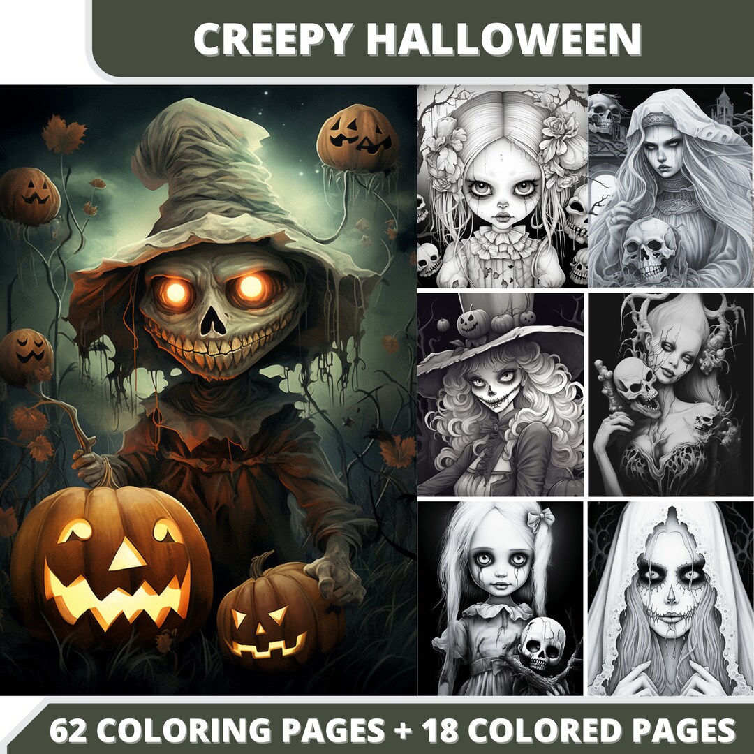 62 Creepy Halloween Coloring Pages + 18 Colored Images + Cover Bonus ...