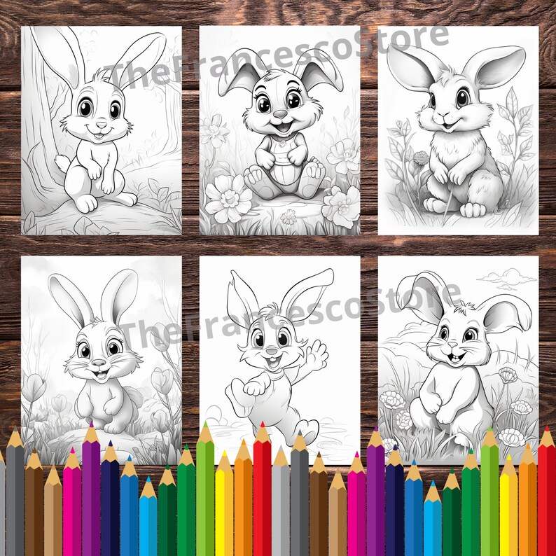 Happy Rabbits Coloring Book: 30 Grayscale Pages + 7 Colored Images ...