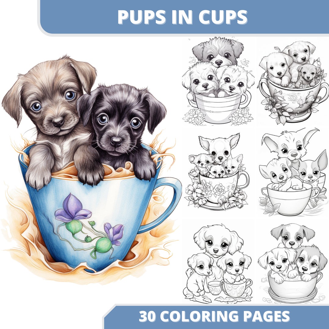 30 Pups in Cups Coloring Pages: Grayscale Dog Designs (printable PDF ...