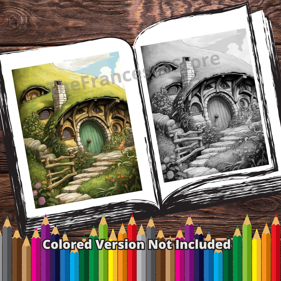 50 Hobbit House Coloring Book, Printable PDF, Hobbit Home Grayscale ...