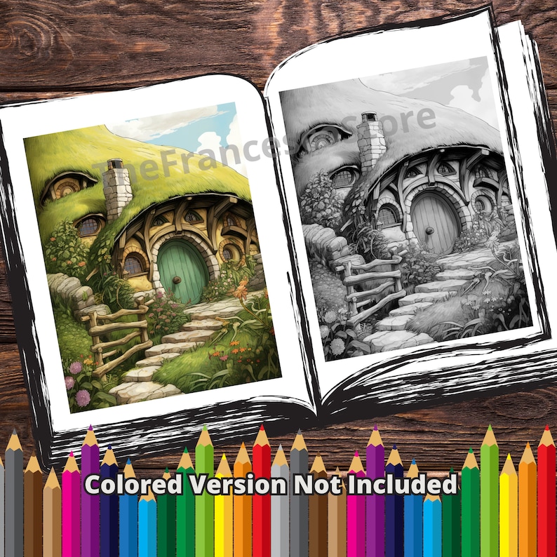 50 Hobbit House Coloring Book, Printable PDF, Hobbit Home Grayscale ...