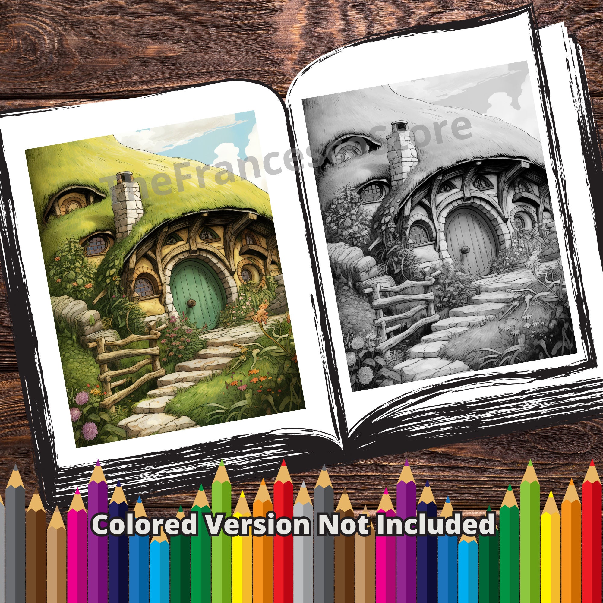 50 Hobbit House Coloring Book, Printable PDF, Hobbit Home Grayscale ...