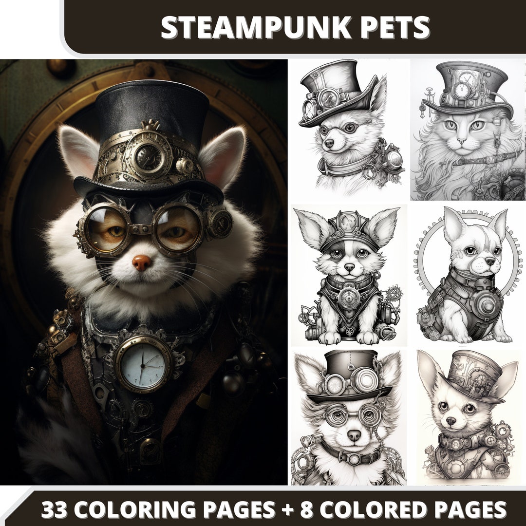 33 Steampunk Pets Coloring Book + 8 Colored Images + Cover Bonus ...
