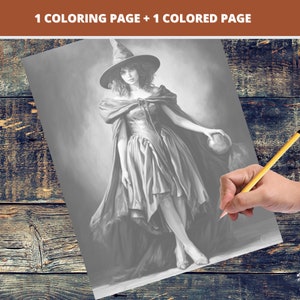 Witch 1 Coloring Page, Colored Page Included, Printable PDF, Grayscale ...