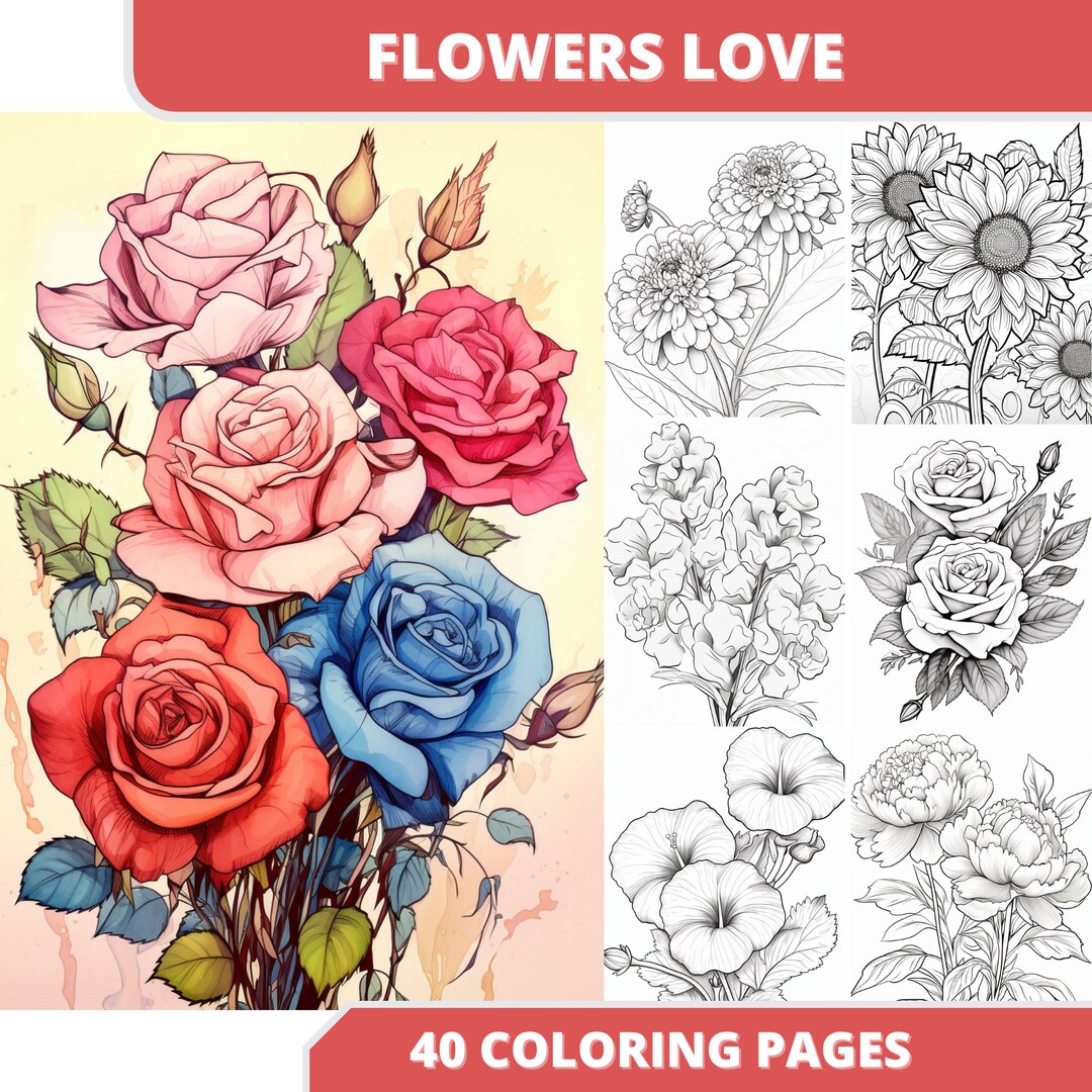 40 Flowers Coloring Page, Adults, Kids, Printable PDF, Instant Download ...