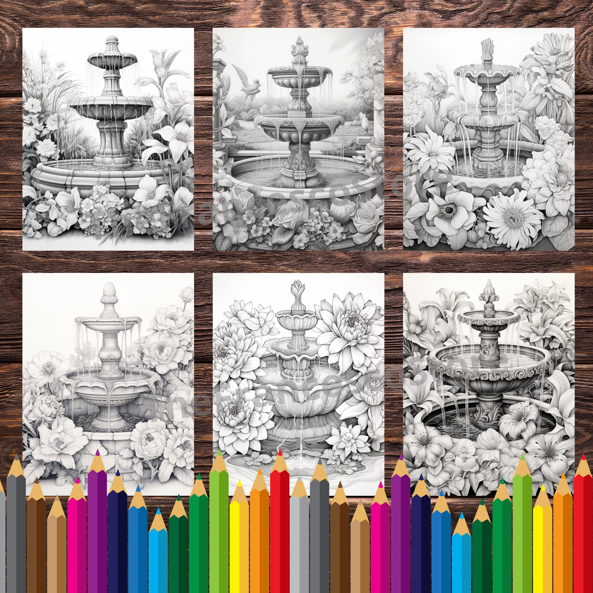 36 Flowering Fountains Coloring Pages 8 Colored Images Cover Bonus ...