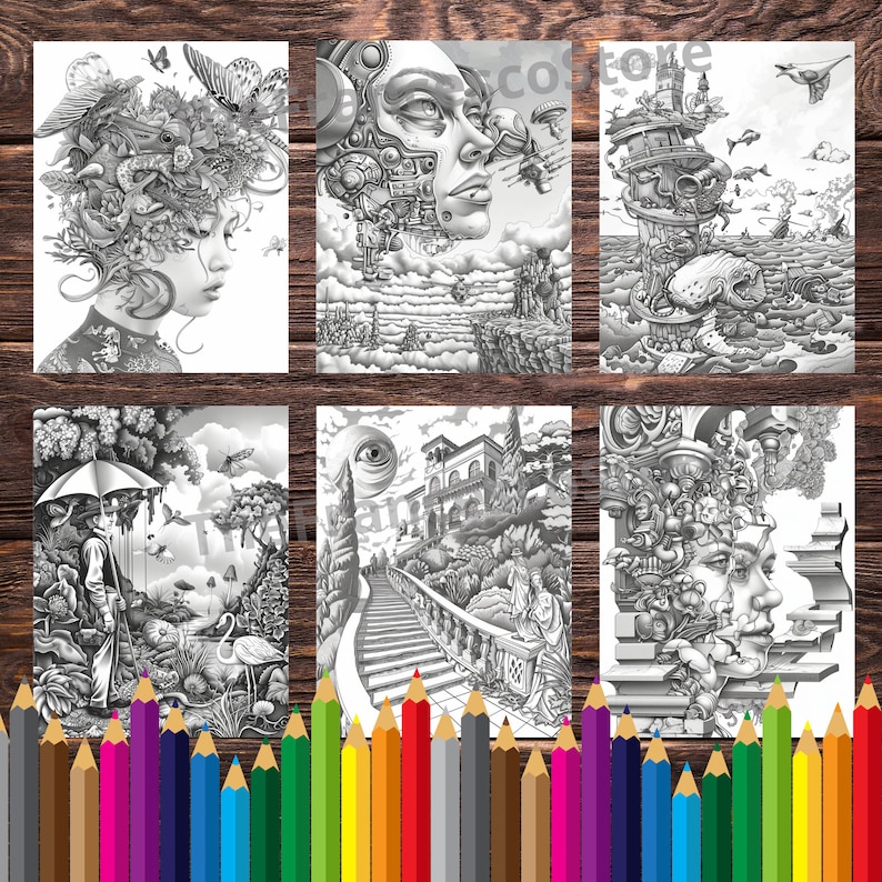 40 Surrealism 5 Coloring Pages 8 Colored Images Cover Bonus, Printable ...