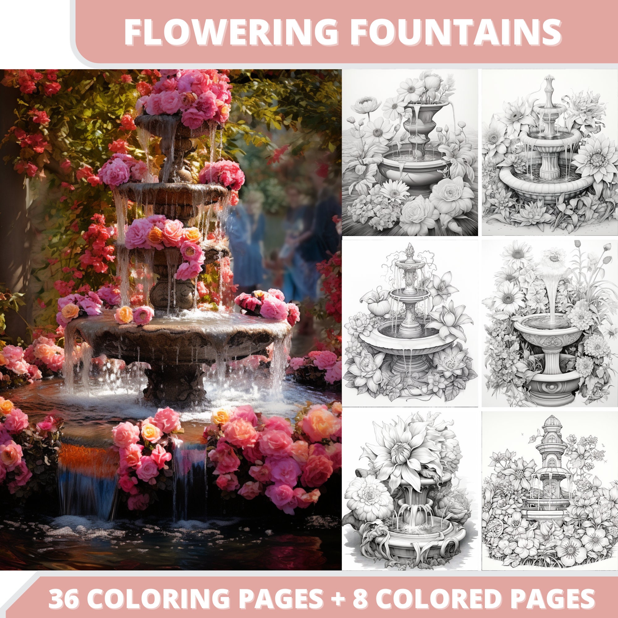 36 Flowering Fountains Coloring Pages 8 Colored Images Cover Bonus ...