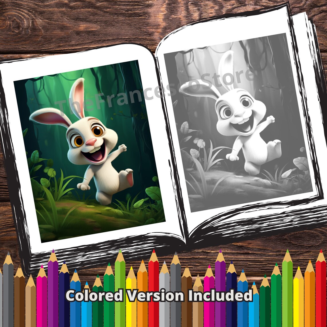 Happy Rabbits Coloring Book: 30 Grayscale Pages + 7 Colored Images ...