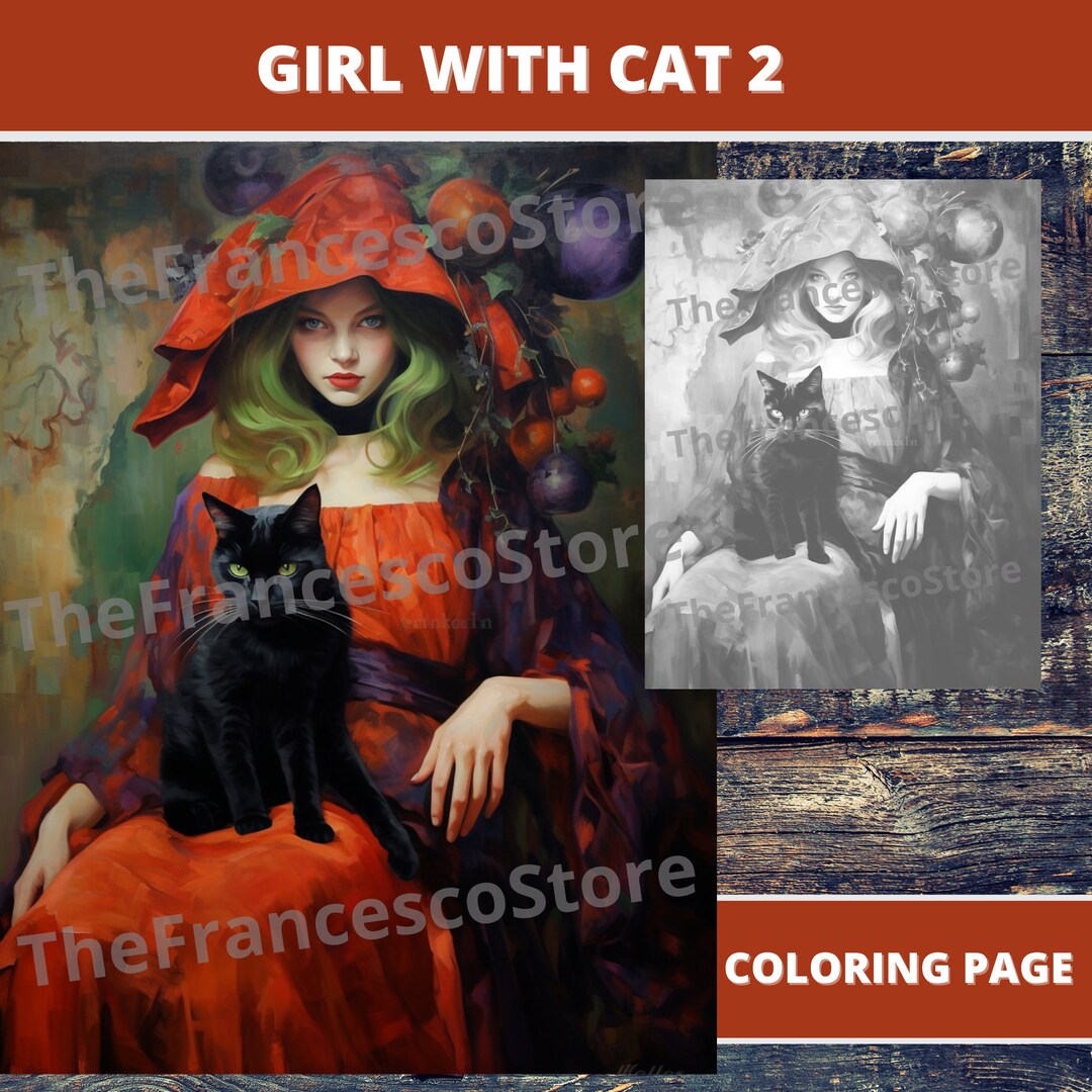 Girl With Cat 2 Coloring Page, Colored Page Included, Printable PDF ...