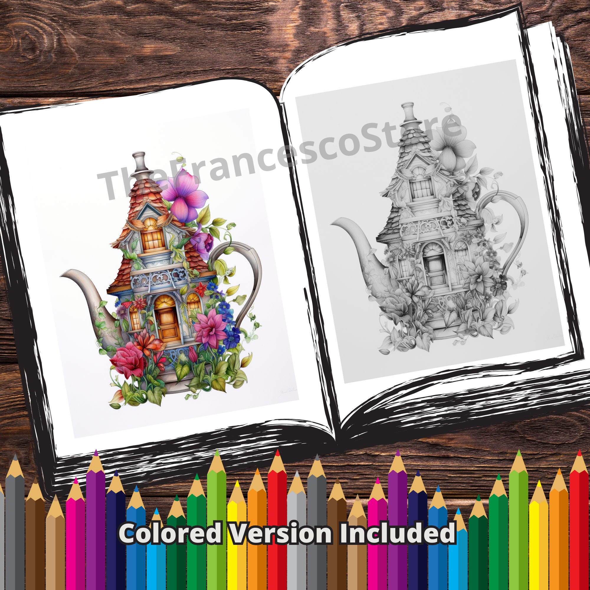 Teapot Fairy House Coloring Book: 48 Grayscale Pages (printable PDF) - Etsy