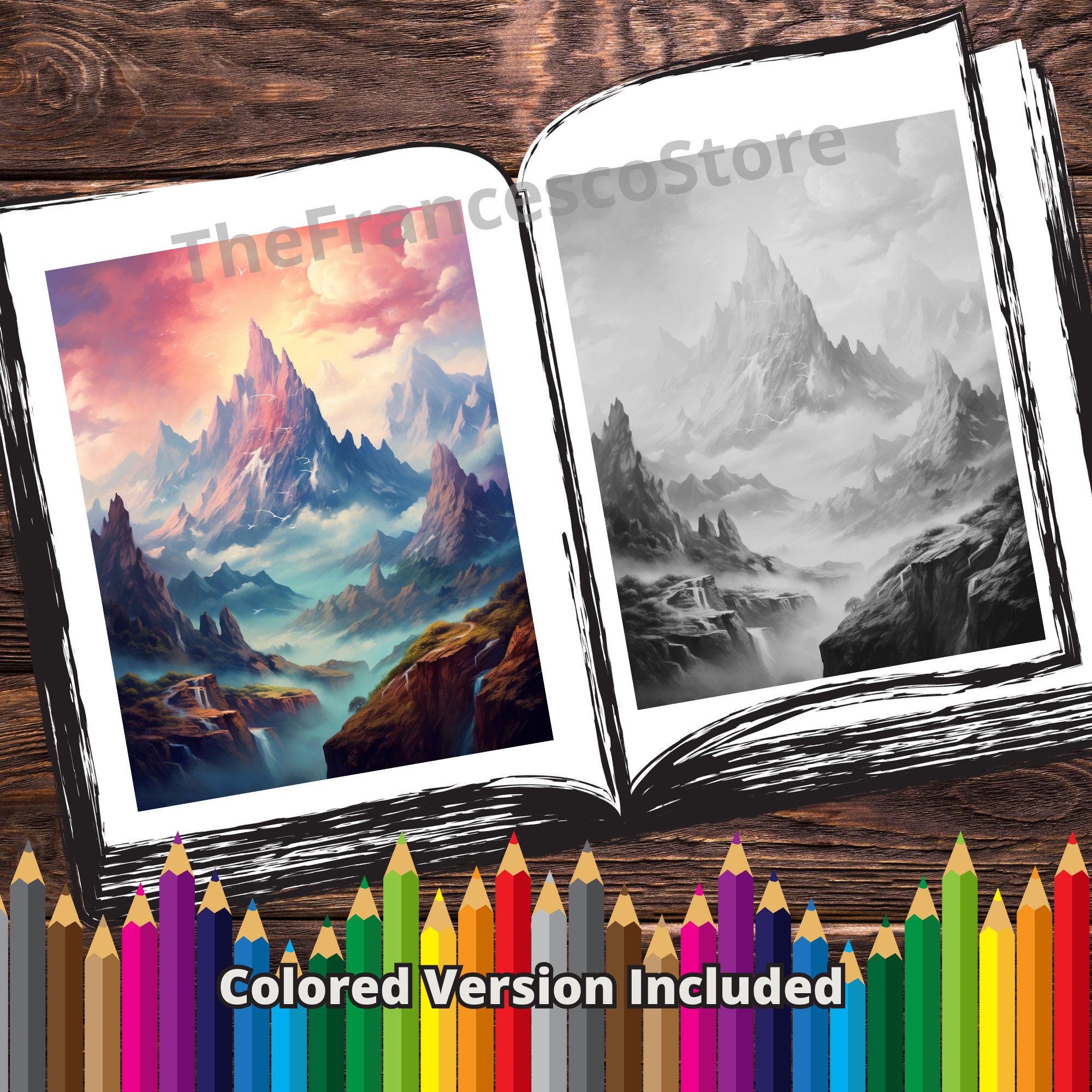 Mountain Landscapes Coloring Book: 42 Grayscale Pages + 10 Colored ...
