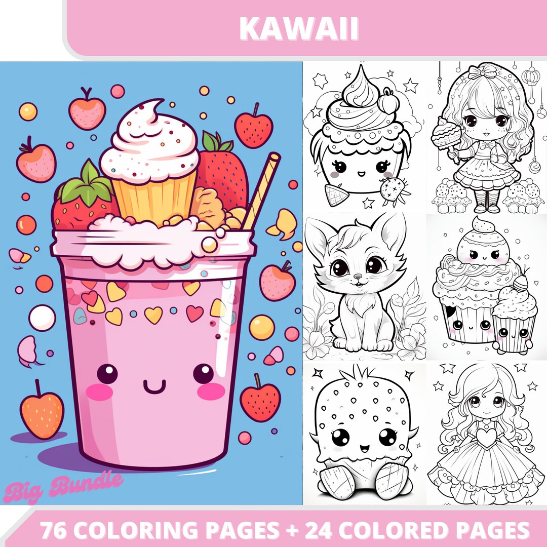 76 Kawaii Coloring Pages + 24 Colored Images + Cover Bonus, Printable ...