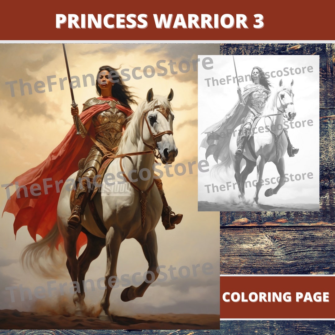 Princess Warrior Coloring Page: Grayscale Art (printable PDF) - Etsy