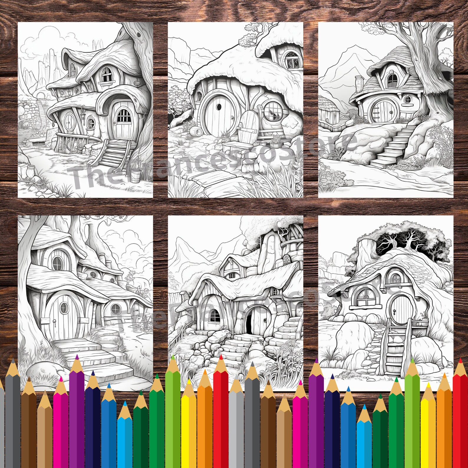 50 Hobbit House Coloring Book, Printable PDF, Hobbit Home Grayscale ...