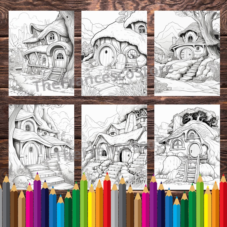 50 Hobbit House Coloring Book, Printable PDF, Hobbit Home Grayscale ...