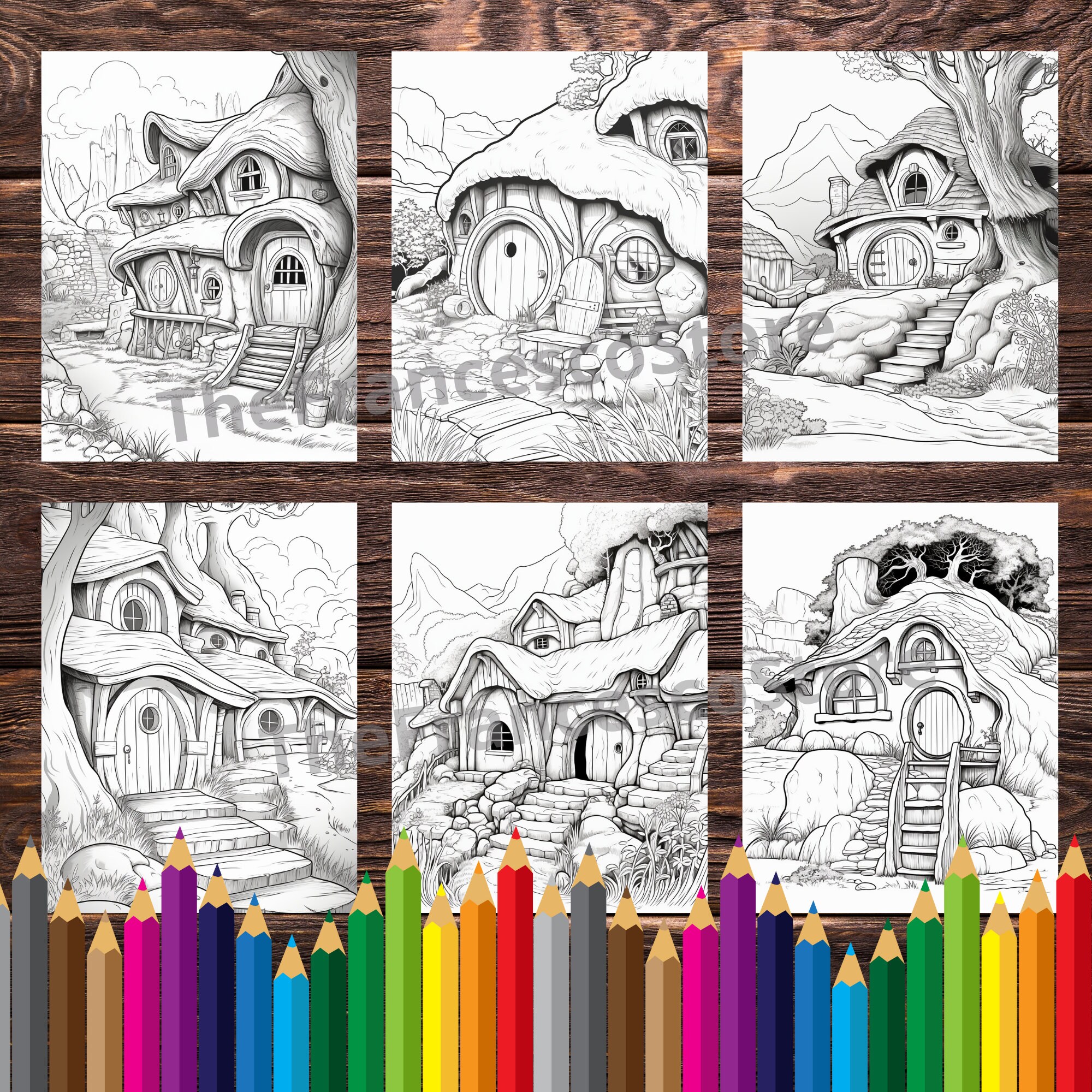 50 Hobbit House Coloring Book, Printable PDF, Hobbit Home Grayscale ...