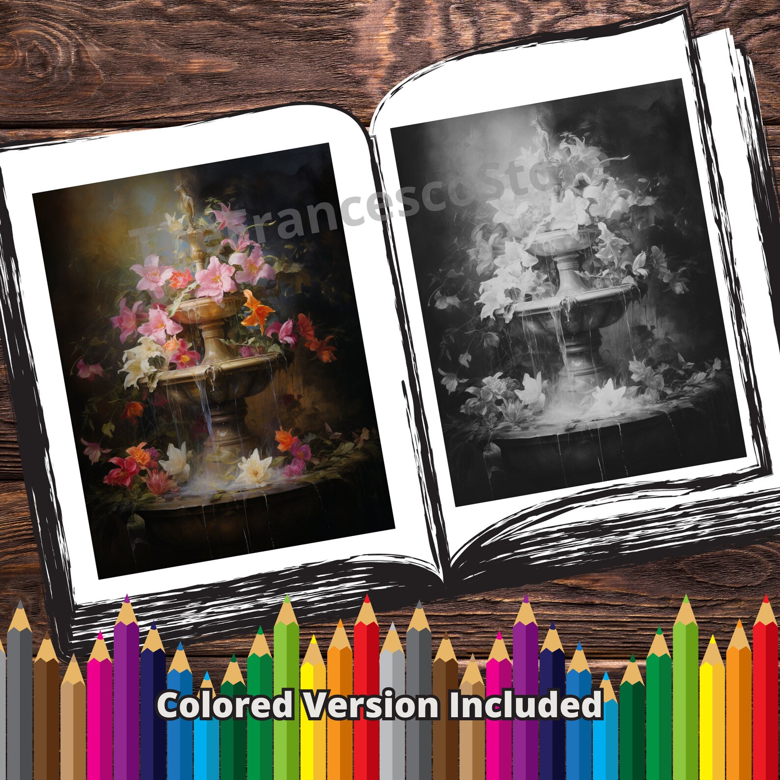 36 Flowering Fountains Coloring Pages 8 Colored Images Cover Bonus ...