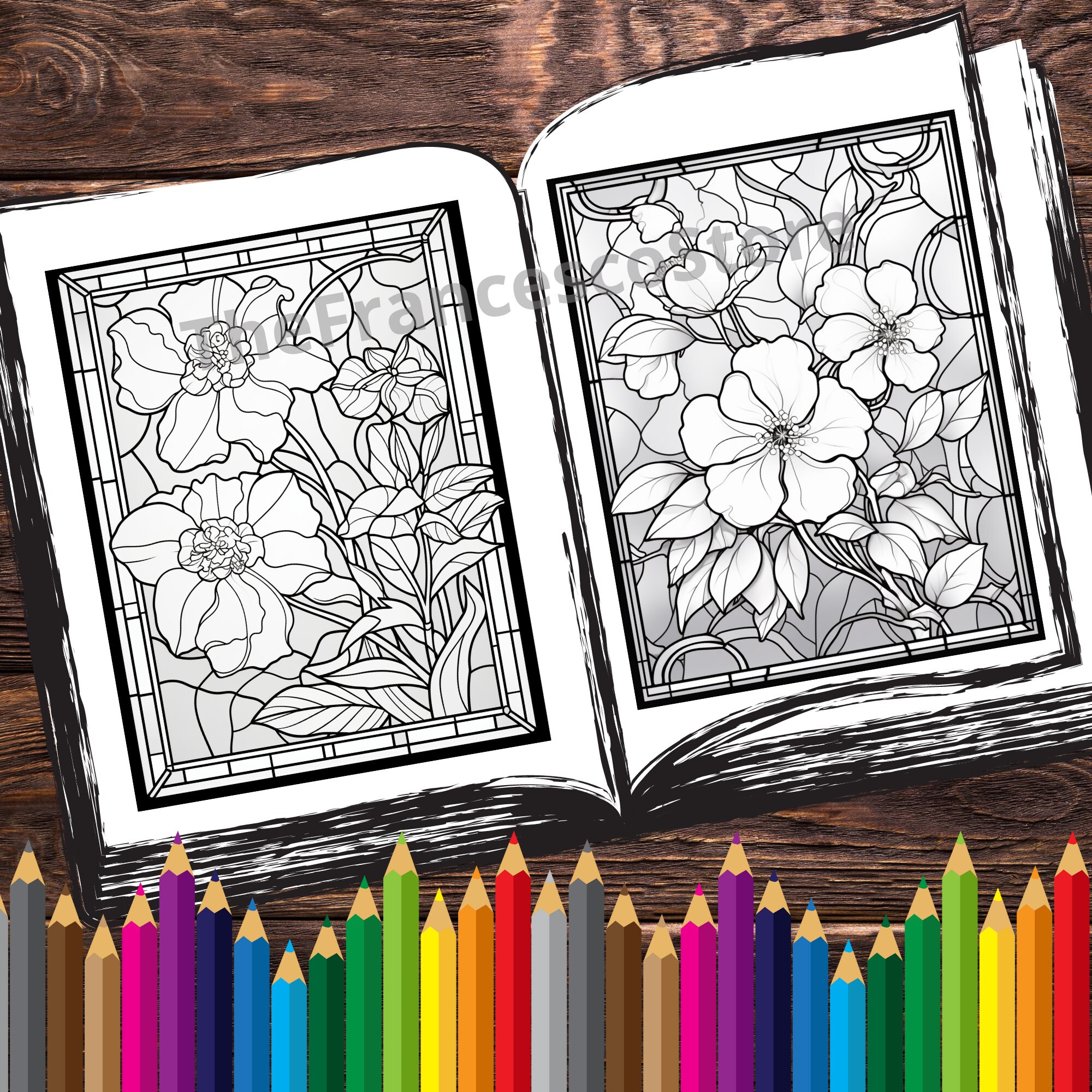 Floral Stained Glass Coloring Book: 34 Grayscale Pages (printable PDF ...