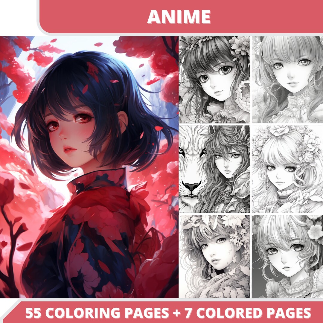 55 Anime Coloring Pages + 7 Colored Images + Cover Bonus, Printable PDF ...