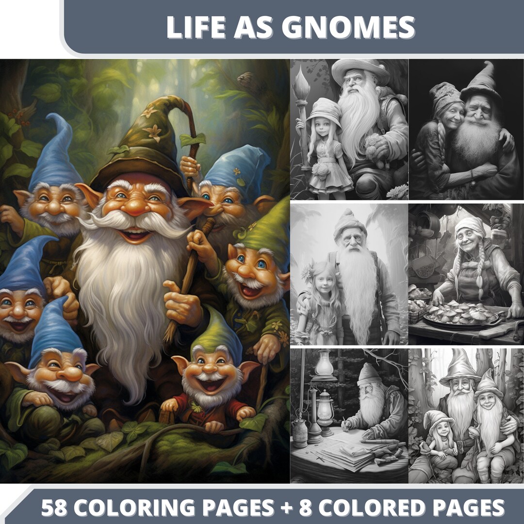 Life as Gnomes , 58 Coloring Pages + 8 Colored Images + Cover Bonus ...