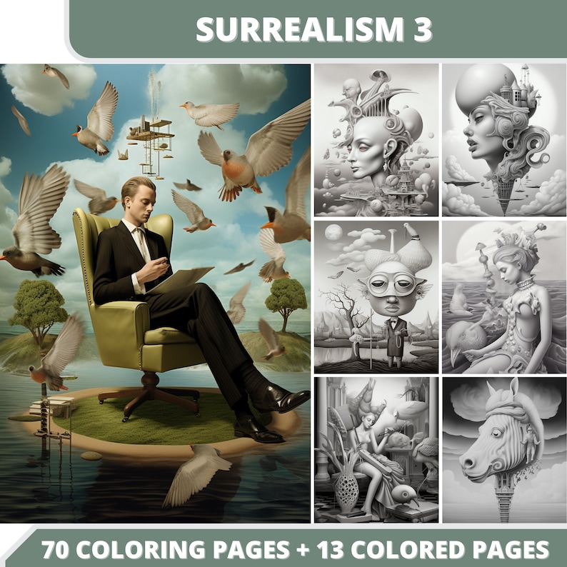 70 Surrealism 3 Coloring Pages 13 Colored Images Cover Bonus, Printable ...