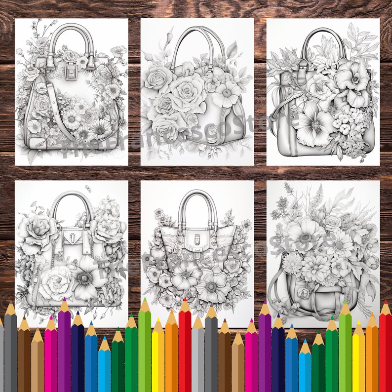 Flowered Handbags Coloring Pages: 60 Printable Designs (digital ...