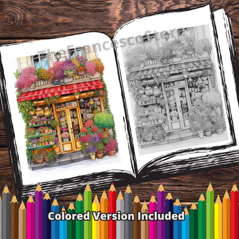 Flower Shops Coloring Book: 45 Grayscale Pages + Bonus Images ...