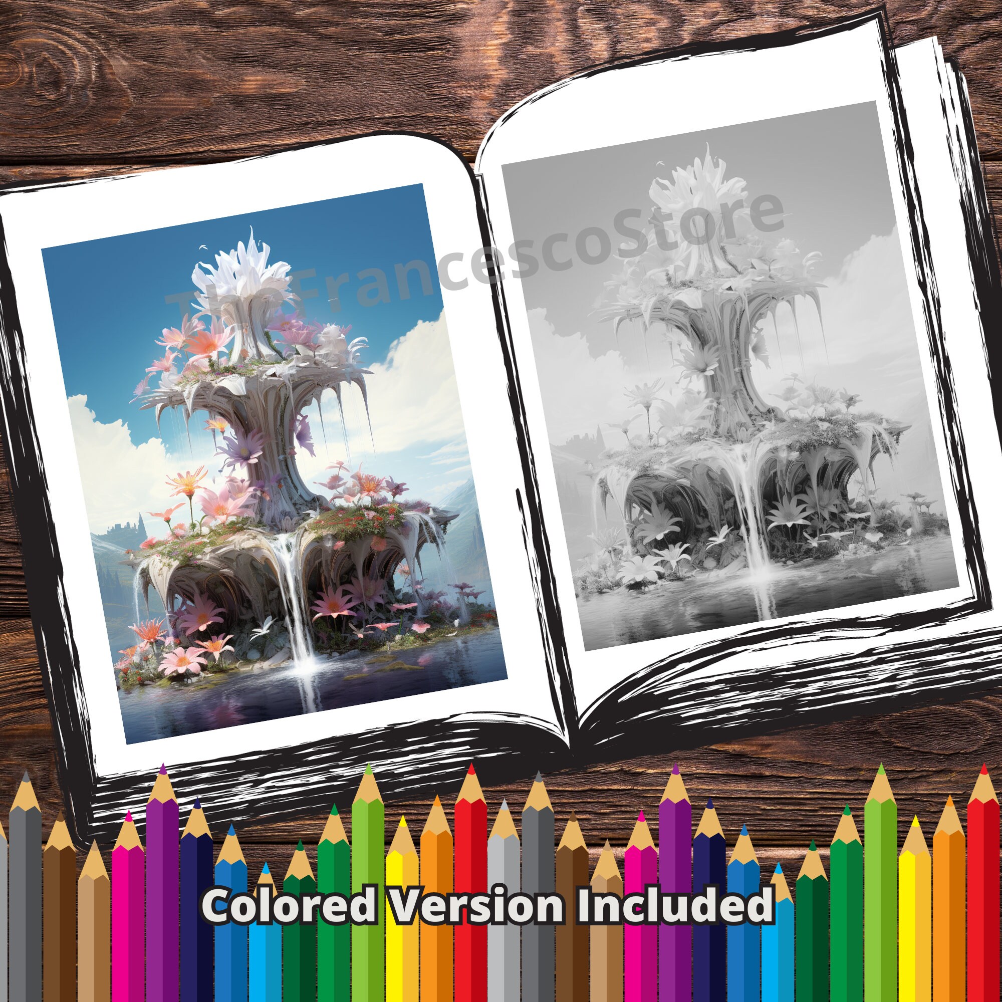 36 Flowering Fountains Coloring Pages 8 Colored Images Cover Bonus ...