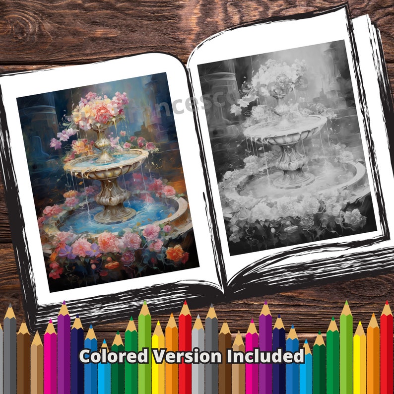36 Flowering Fountains Coloring Pages 8 Colored Images Cover Bonus ...