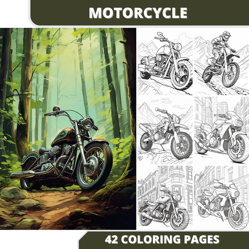 42 Motorcycle Coloring Book, Printable PDF, Motorbike, Grayscale ...
