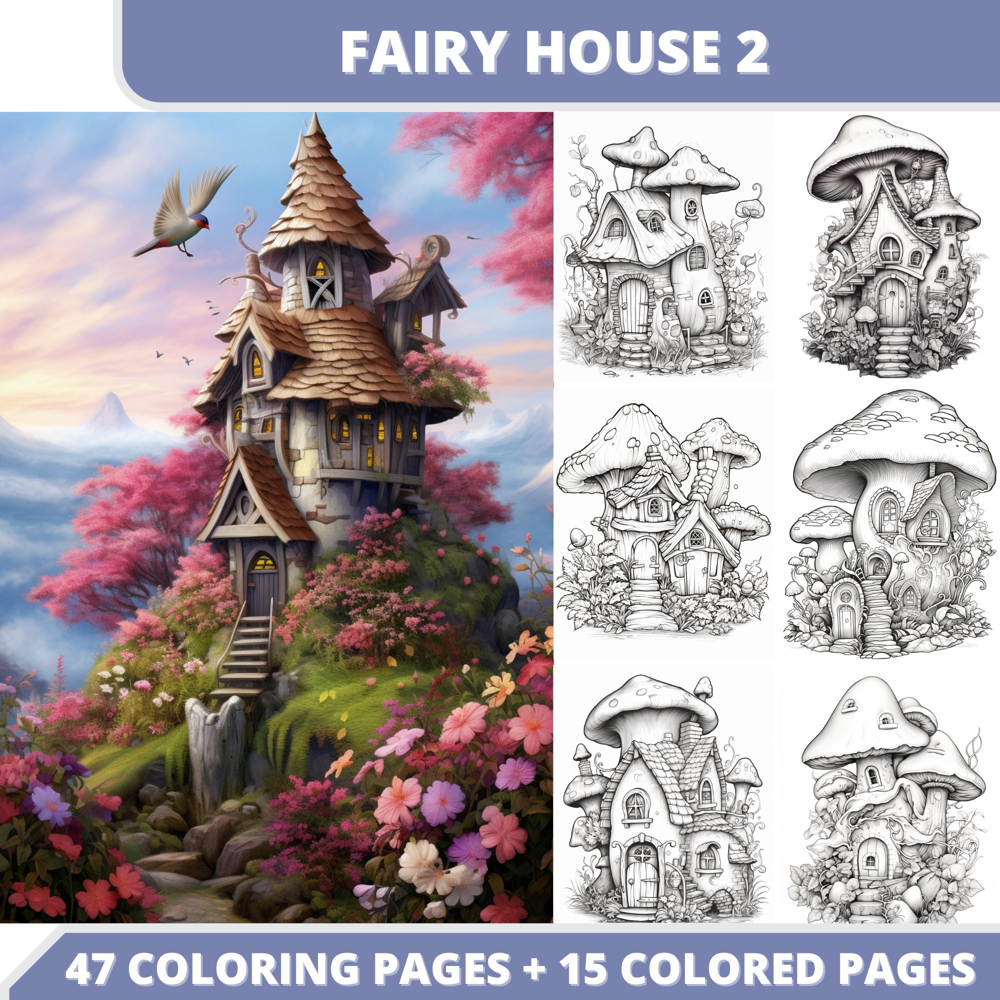 47 Fairy House Coloring Book 15 Colored Images Cover Bonus - Etsy