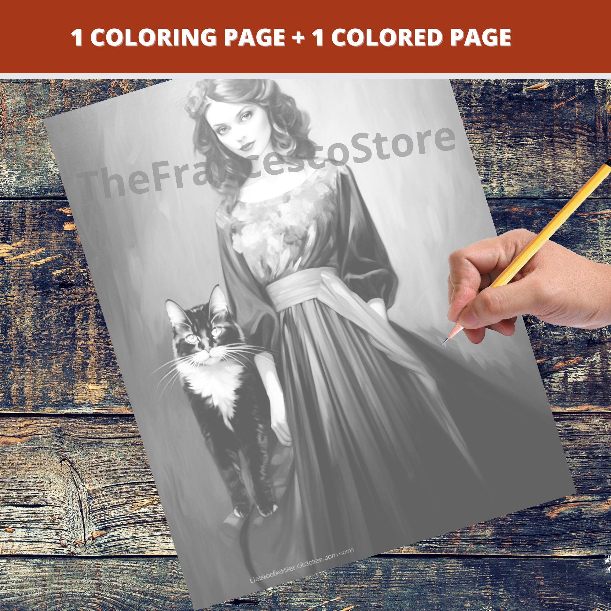 Girl With Cat Coloring Page: Grayscale Printable (PDF) - Etsy