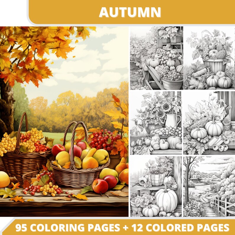 95 Autumn Coloring Pages, Fall Coloring, Printable Adult Coloring Page ...