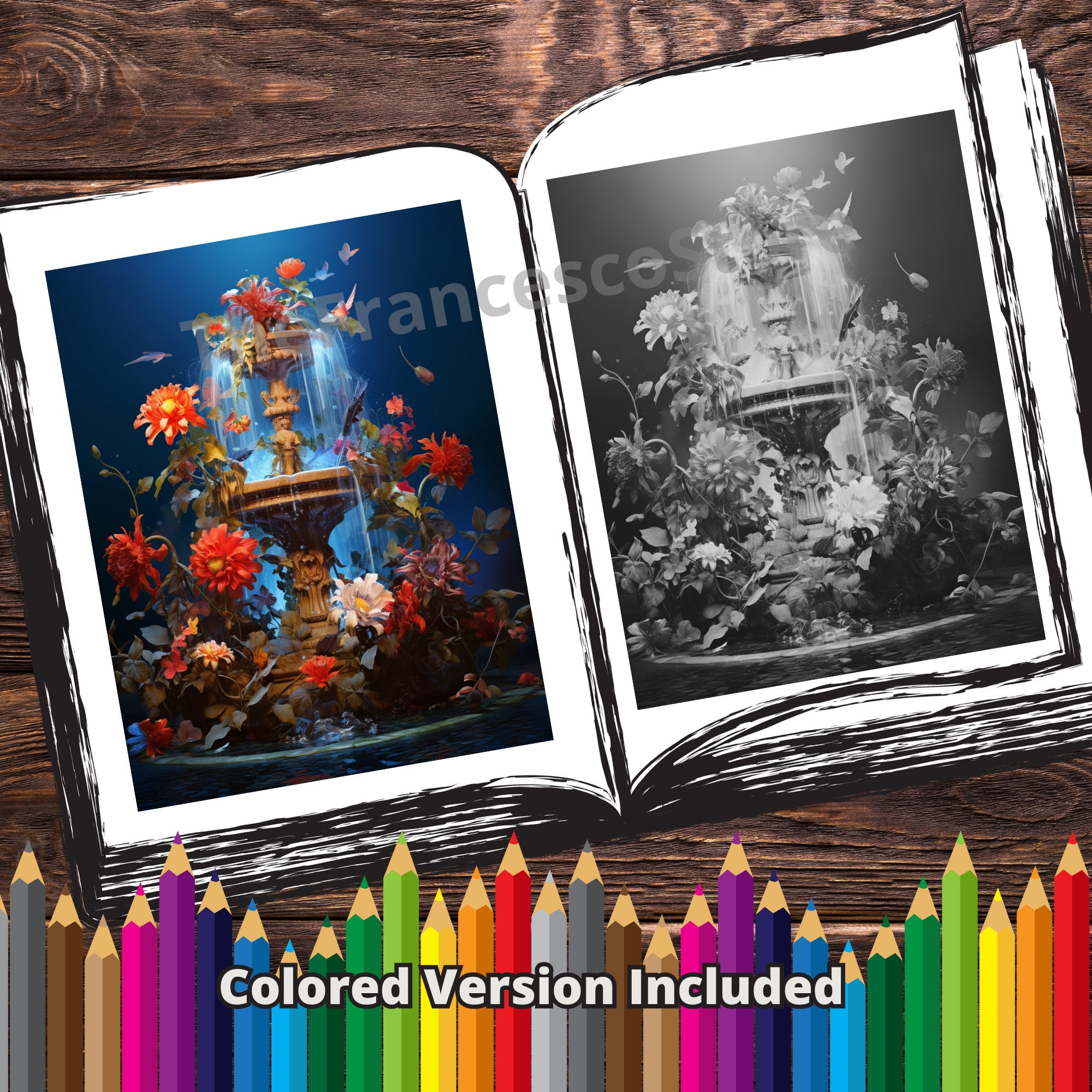 36 Flowering Fountains Coloring Pages 8 Colored Images Cover Bonus ...