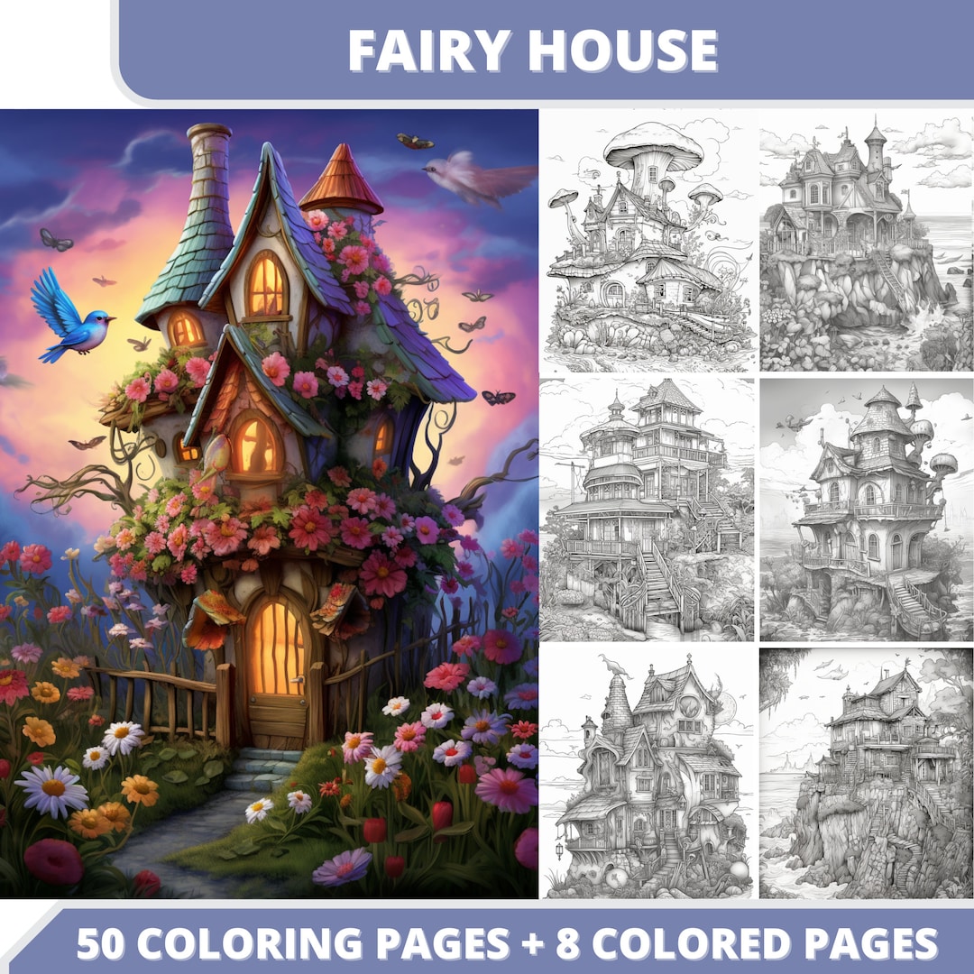 50 Fairy House Coloring Book +8 Colored Images + Cover Bonus, Printable ...